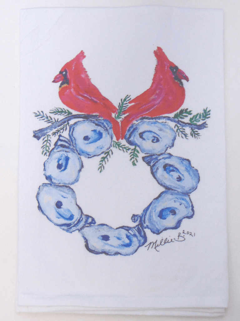 Limited Edition Cardinal Oyster Shell Wreath Print on White Flour Sack ...
