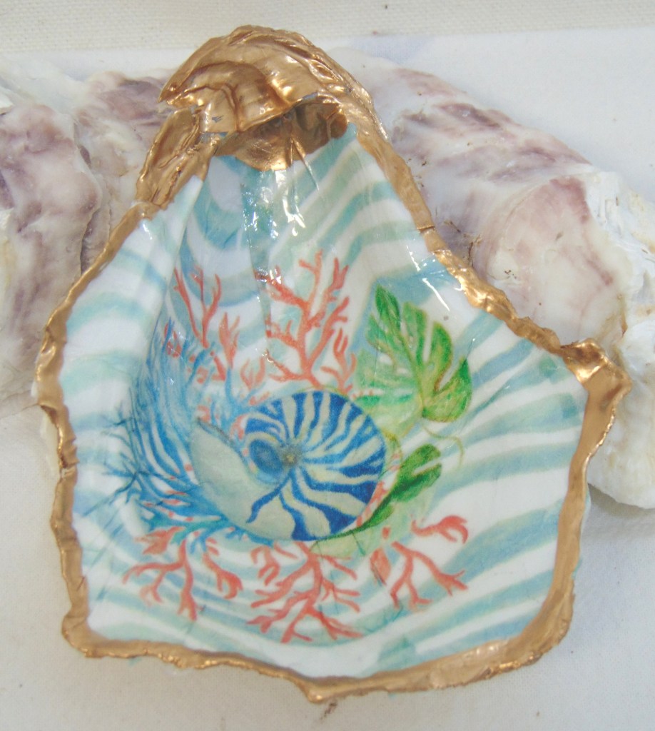 Watercolor Nautilus and Coral Oyster Shell Jewelry Bowl | Lowcountry Linens