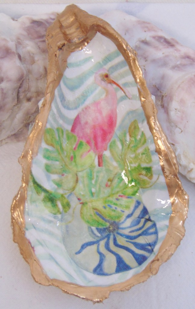 Watercolor Spoonbill Nautilus Oyster Shell Jewelry Bowl | Lowcountry Linens