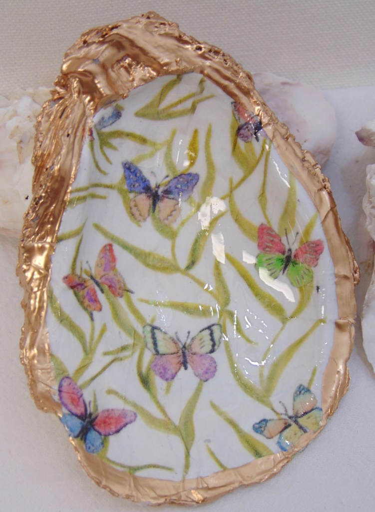 Watercolor Green Butterfly Garden Oyster Shell Jewelry Bowl ...