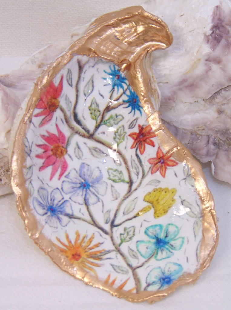 Watercolor Floral Vine Oyster Shell Jewelry Bowl | Lowcountry Linens