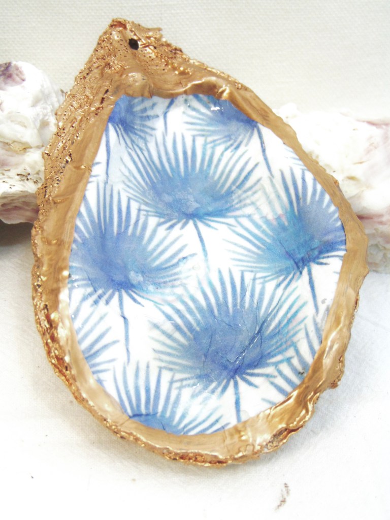 Watercolor Blue Fronds Oyster Shell Jewelry Bowl | Lowcountry Linens